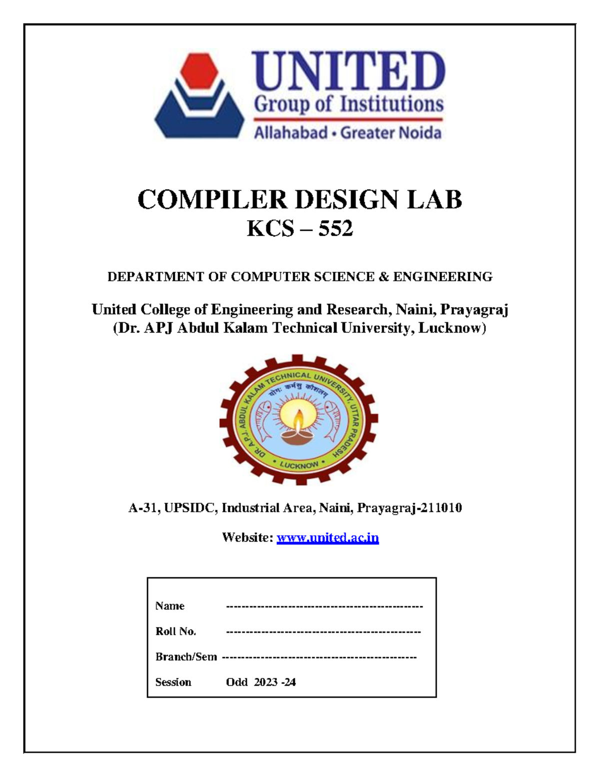 Compiler Design Lab cover pages (23-24) - Name - Roll No. - Branch/Sem ...