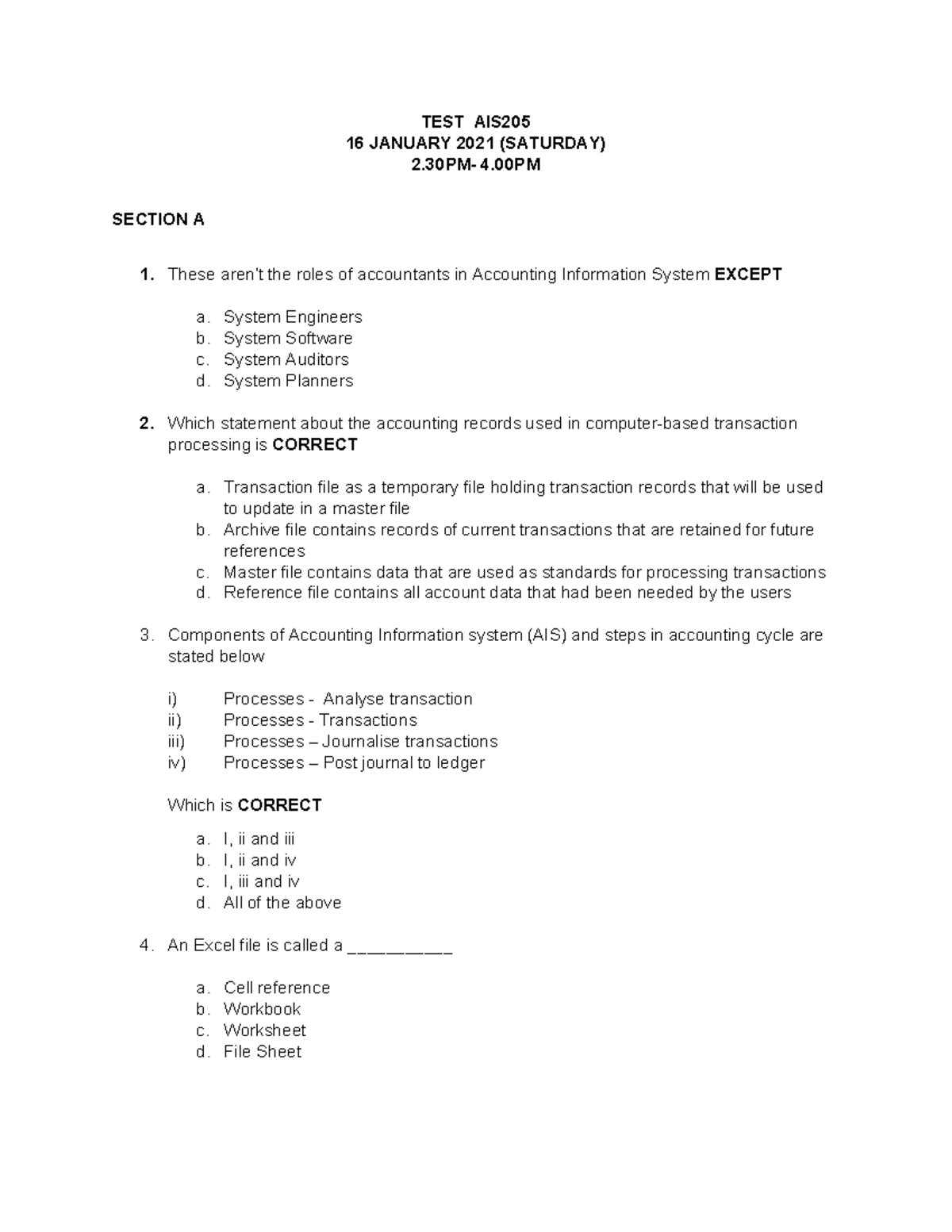 TEST 1 - 16 JAN 2021 (AIS 160) - fundamental science technology - UiTM ...