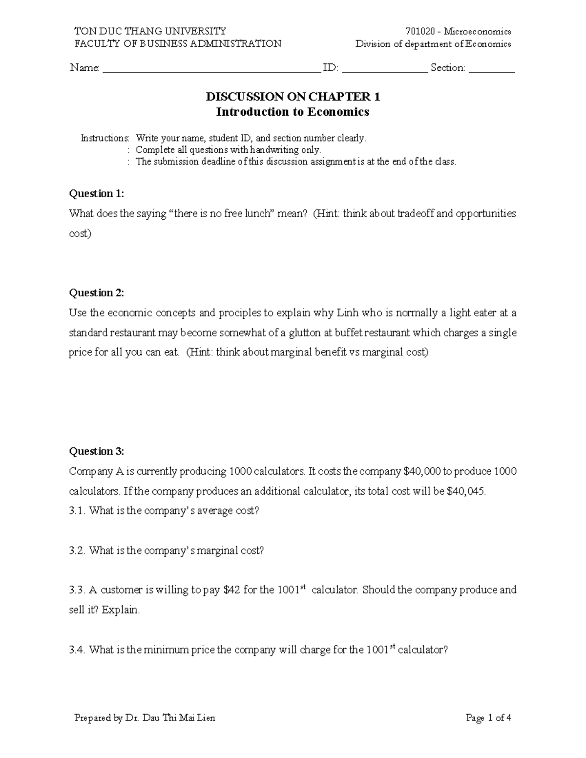 701020 Micro Discussion 1 - FACULTY OF BUSINESS ADMINISTRATION Division ...