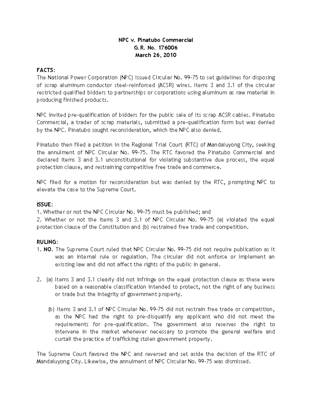 Perfam Cases 4 5 6 Aquino - NPC v. Pinatubo Commercial G. No. 176006 ...