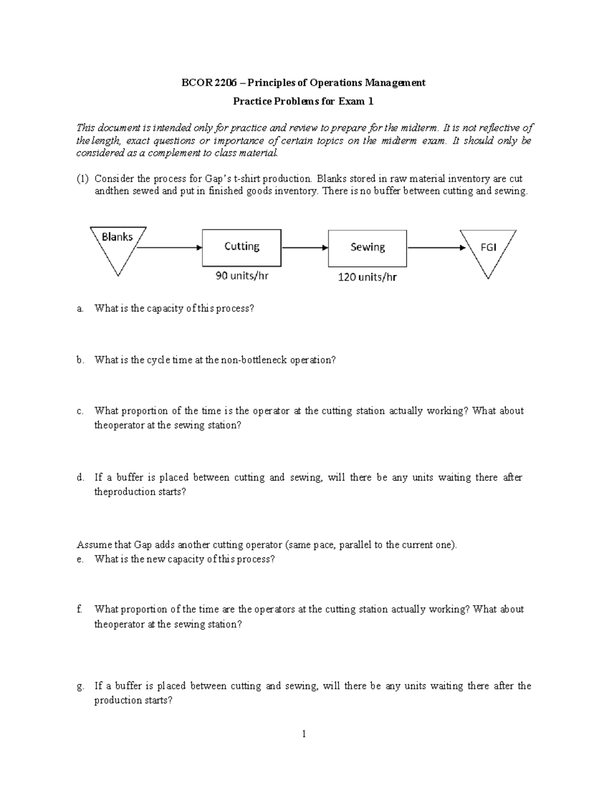 Exam 1 - Practice Problems - 1 BCOR 2206 – Principles of Operations ...