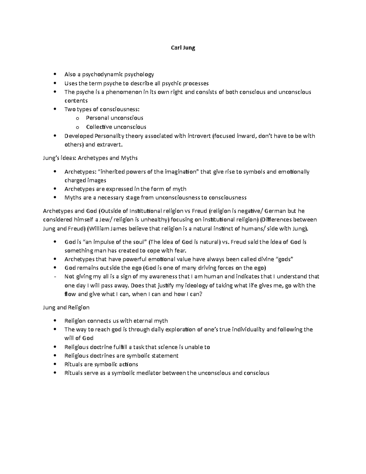 Carl Jung Notes - Carl Jung Also a psychodynamic psychology Uses the ...