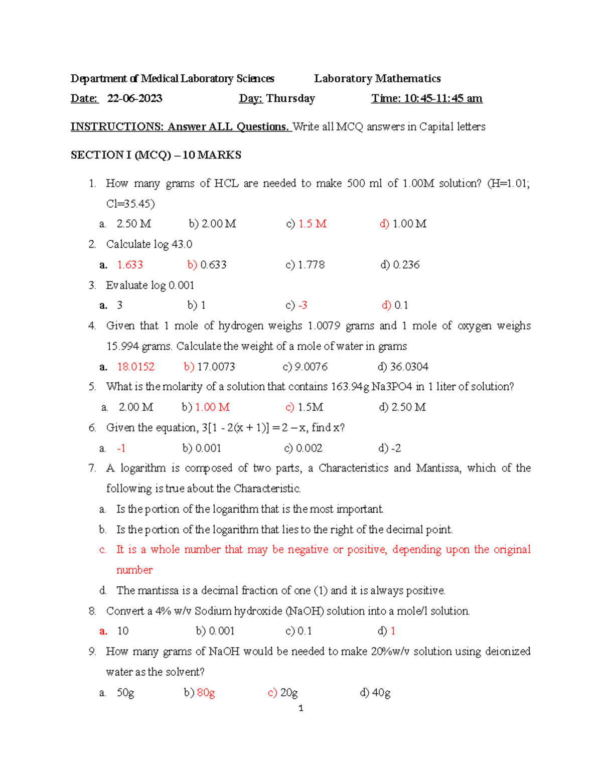 1 - revision exams on medical lab maths questions and answere ...
