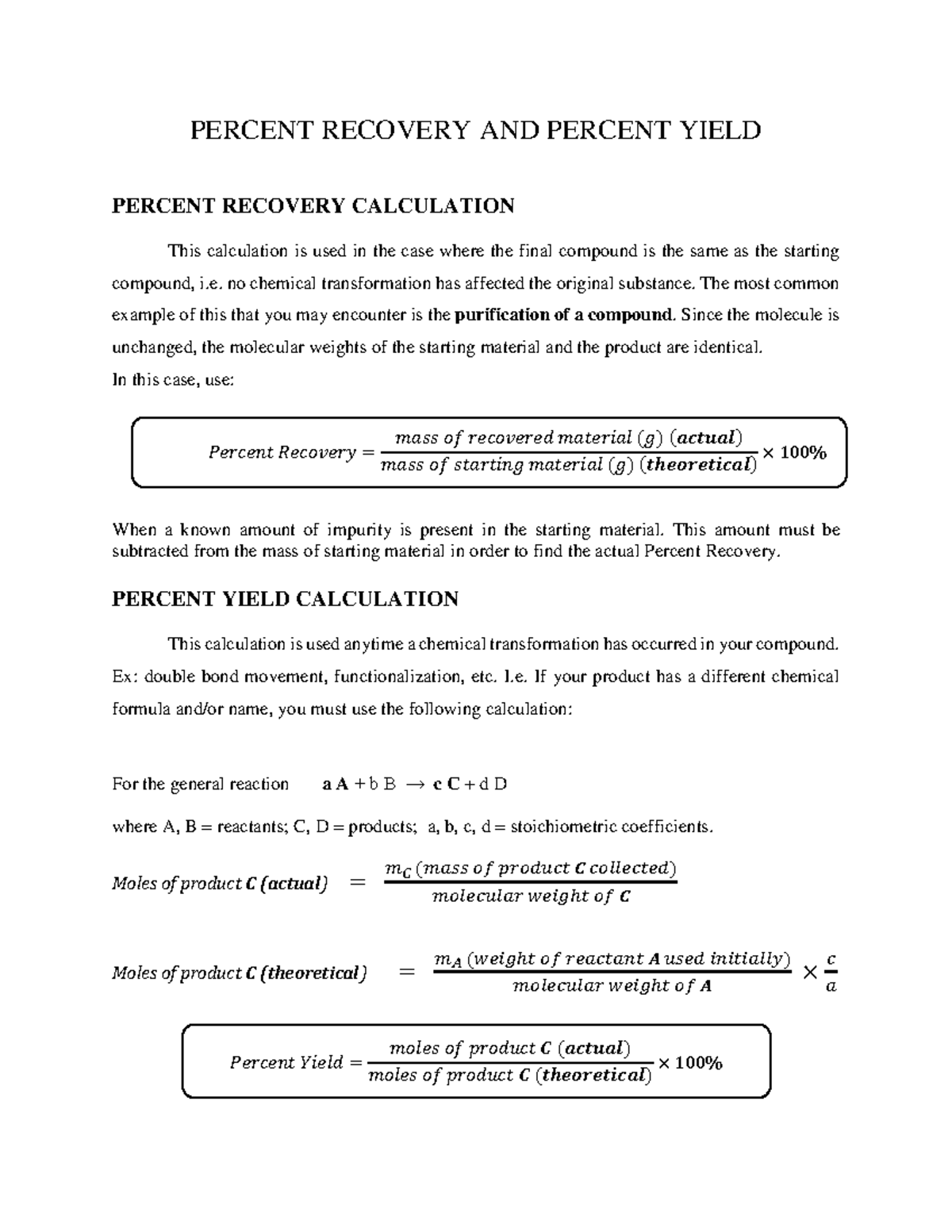 Percent Recovery AND Percent Yield calculations - appendix - PERCENT ...