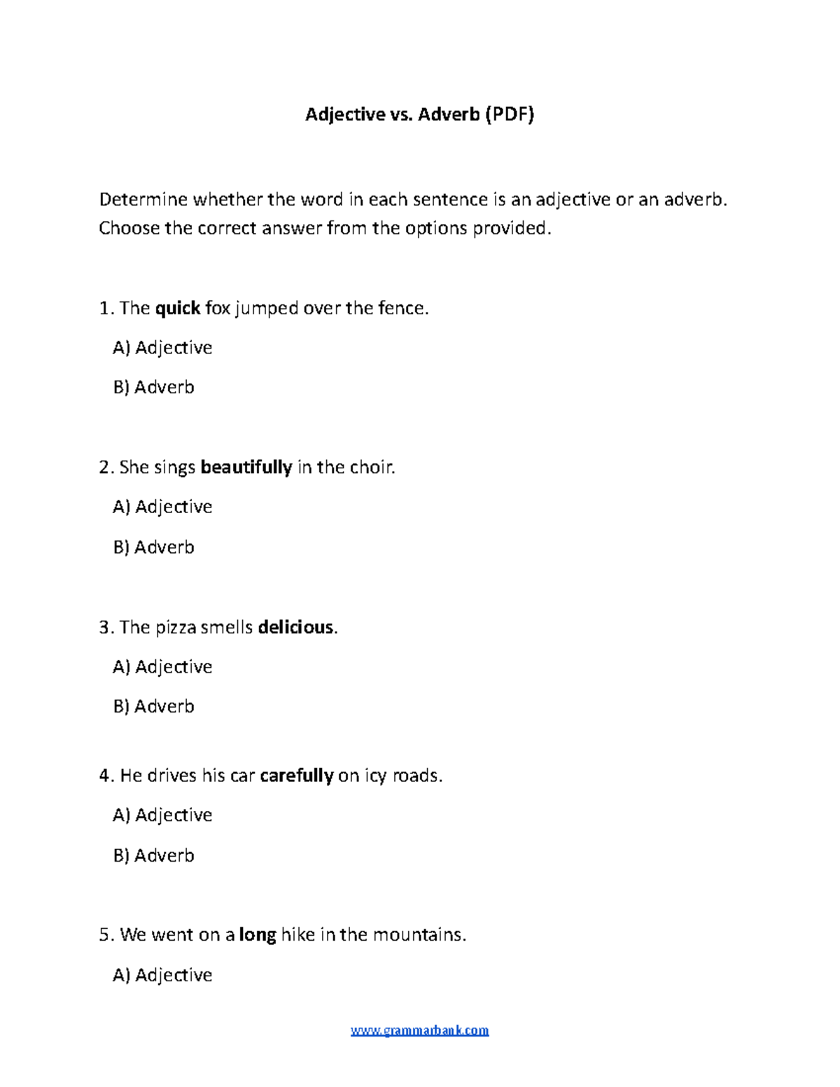 Adjective vs adverb exercise pdf - Adjective vs. Adverb (PDF) Determine whether the word in each ...