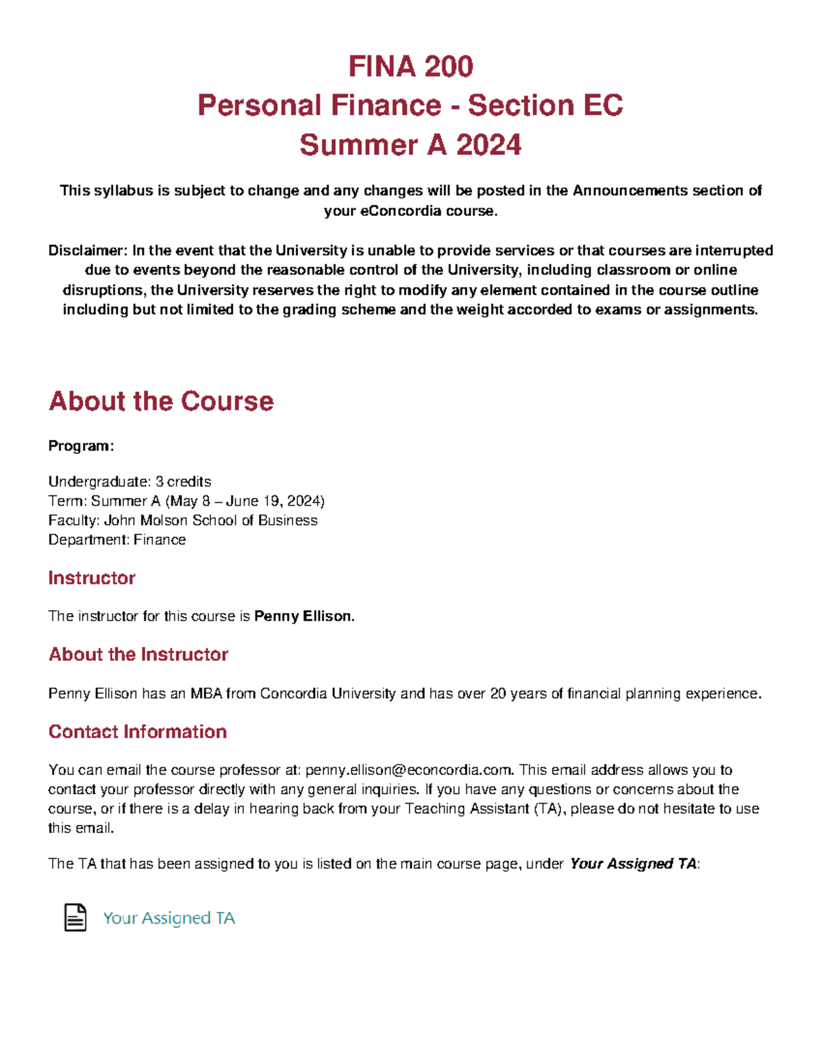 FINA 200 - Outline (Summer A 2024) - FINA 200 Personal Finance ...