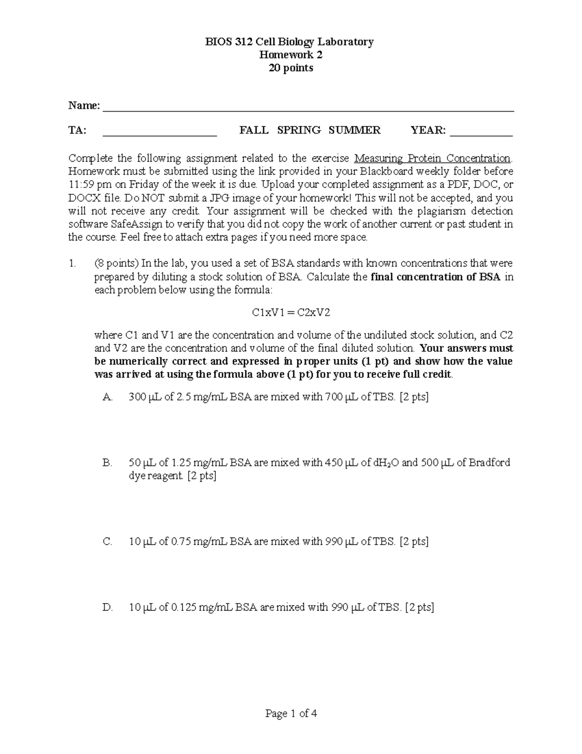 BIOS 312 Homework 2 Sp 2023 - Homework 2 20 points Name: - Studocu