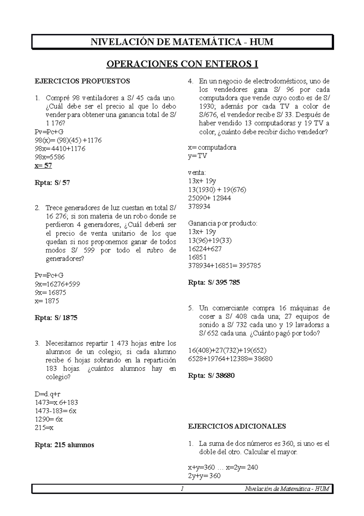 S01.s1 Niv matematicas - NIVELACIÓN DE MATEMÁTICA - HUM OPERACIONES CON ENTEROS I EJERCICIOS ...