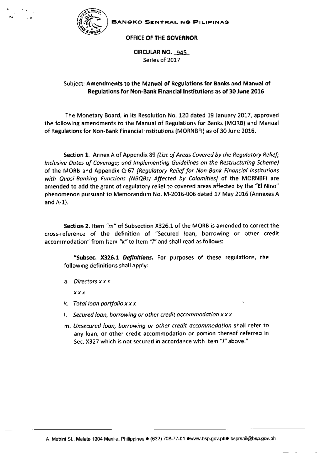 Circular 945 - 06 February 2017 - ####### EIANOKO SENTRAL No PILIPINAS ...