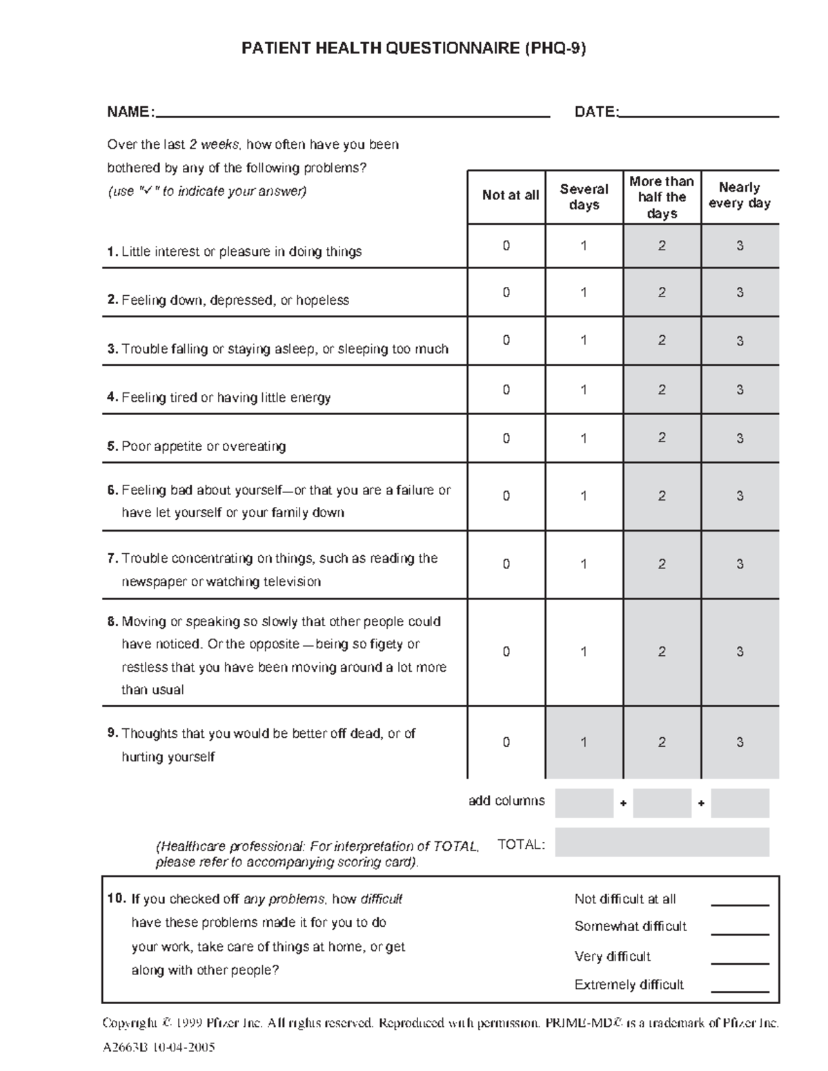 PHQ-9 - Survey - PATIENT HEALTH QUESTIONNAIRE (PHQ-9) NAME: DATE: Over ...