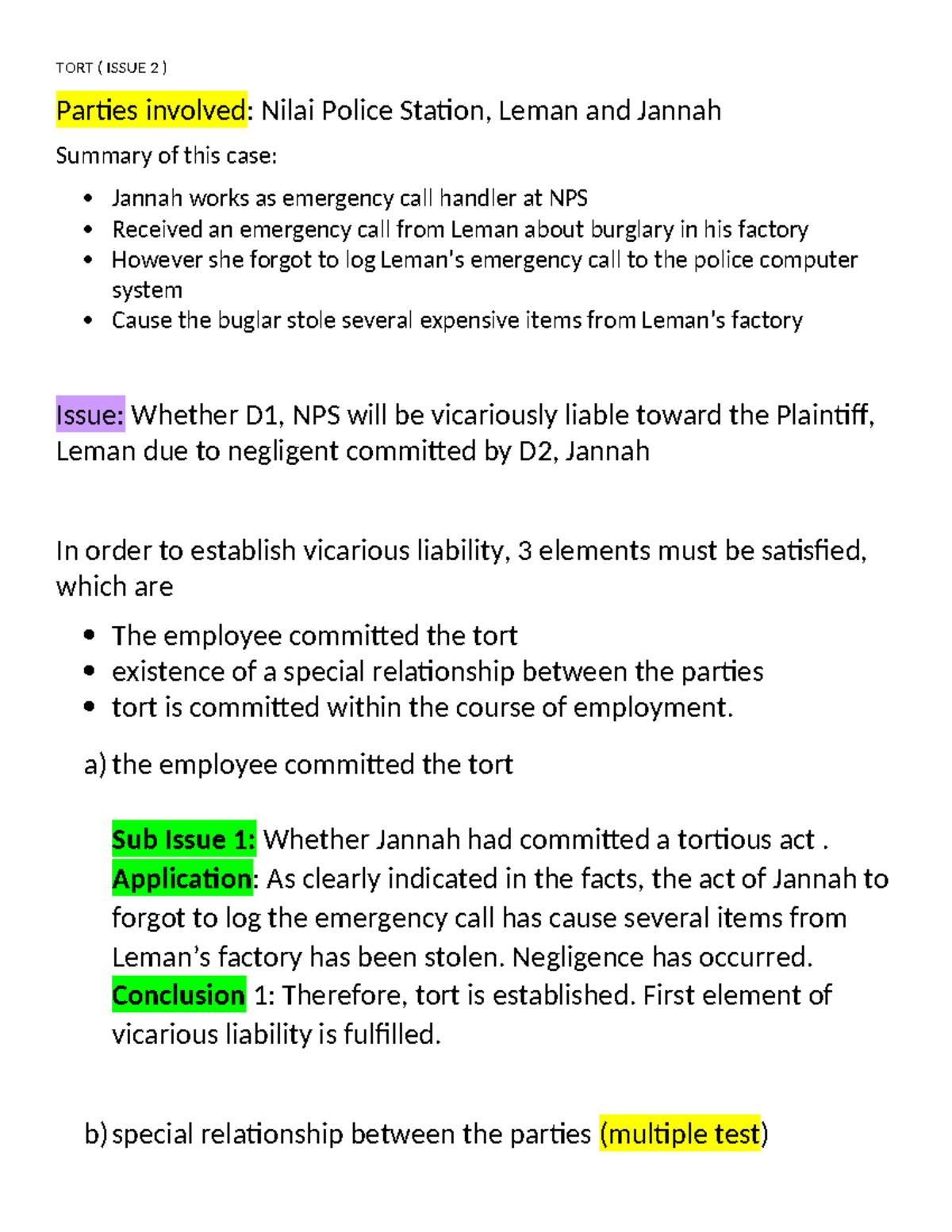 TORT Vicarious Liability - TORT ( ISSUE 2 ) Parties involved: Nilai ...