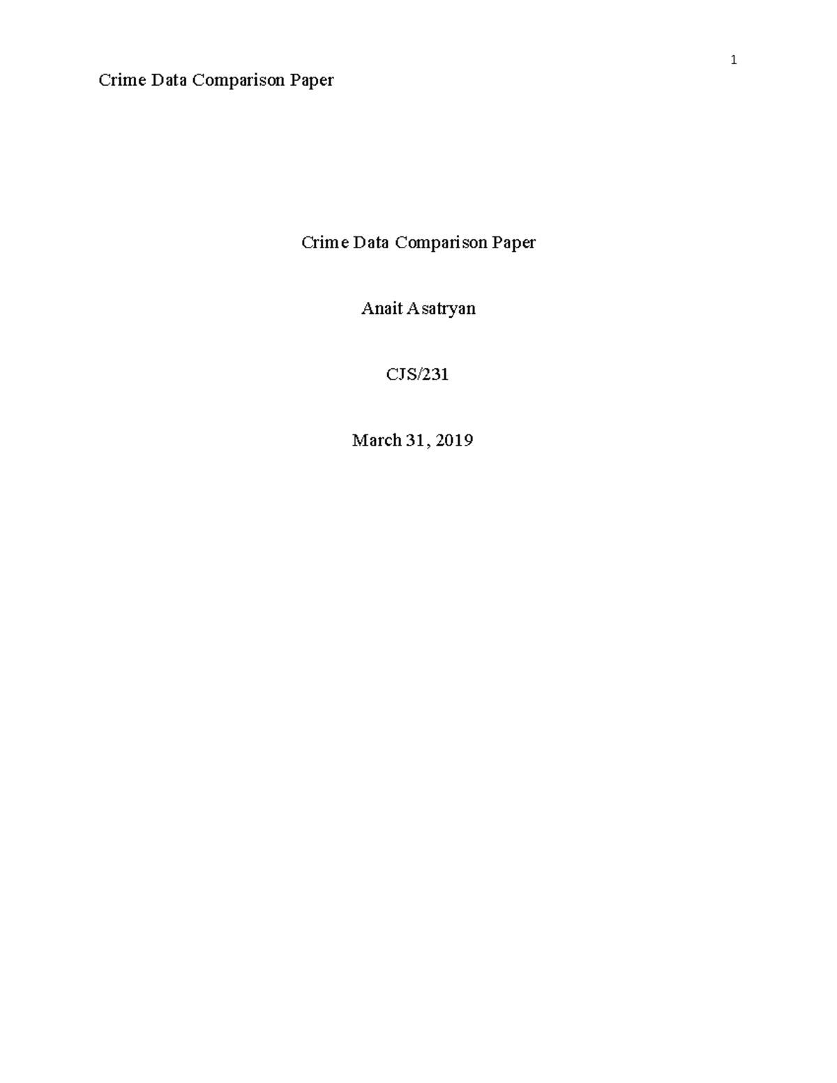 WK 1 Crime data comparison paper - Crime Data Comparison Paper Anait ...