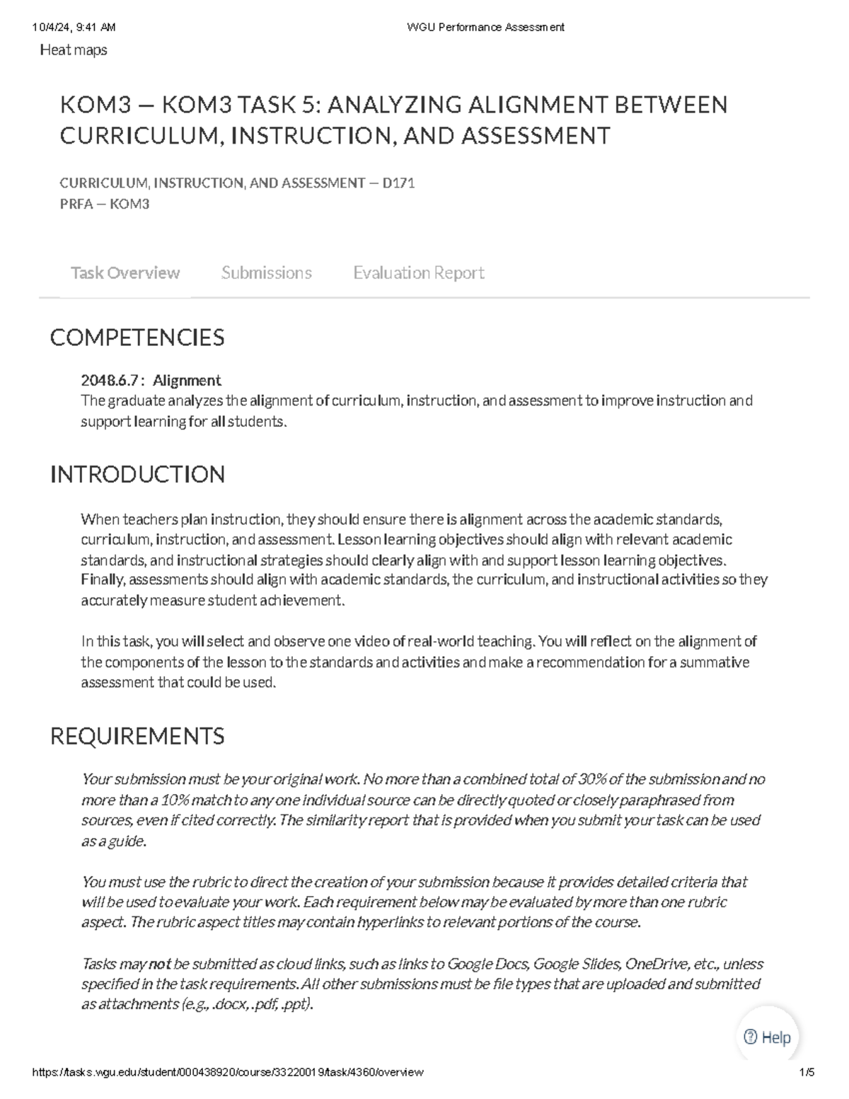 D171 Task 5 Instructions - Heat maps KOM3 — KOM3 TASK 5: ANALYZING ALIGNMENT BETWEEN CURRICULUM ...