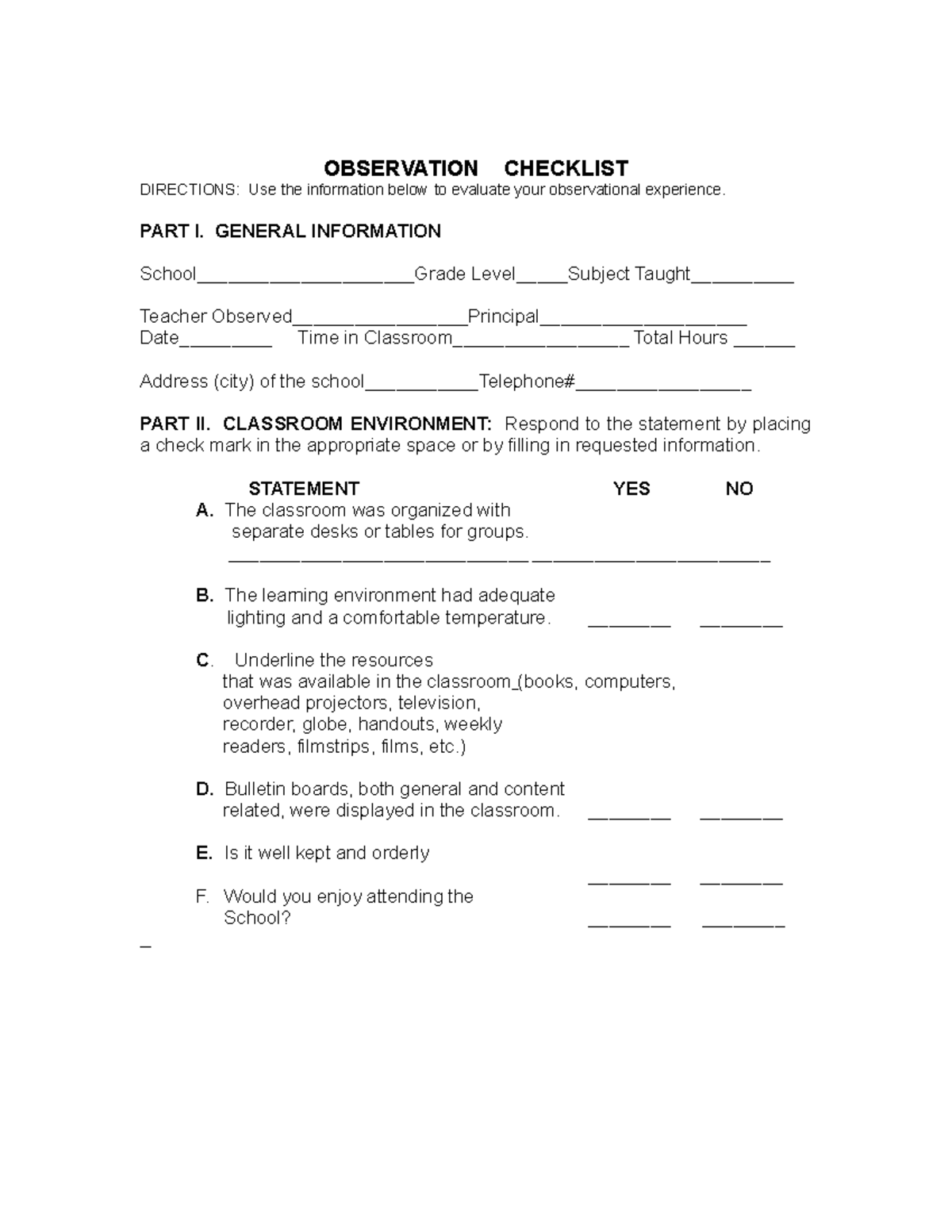 Observation Checklist 2 - OBSERVATION CHECKLIST DIRECTIONS: Use the ...