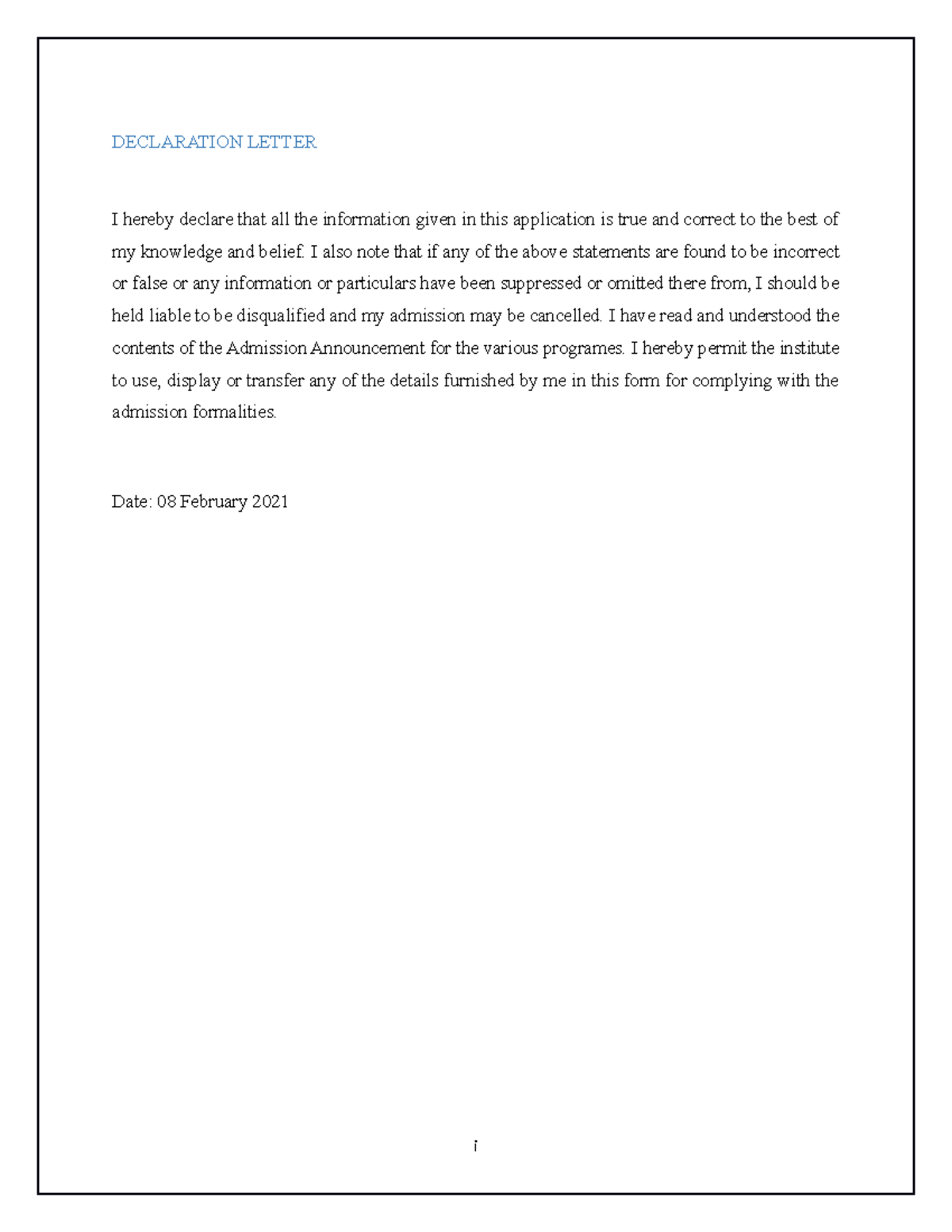 Final Control Assignment - DECLARATION LETTER I hereby declare that all ...