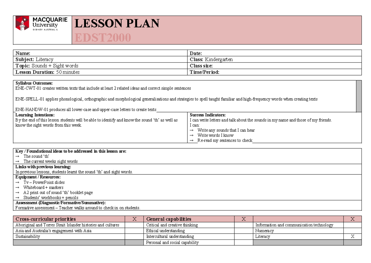 Lesson Plan Sounds + Sight Words - LESSON PLAN EDST Name: Date: Subject ...