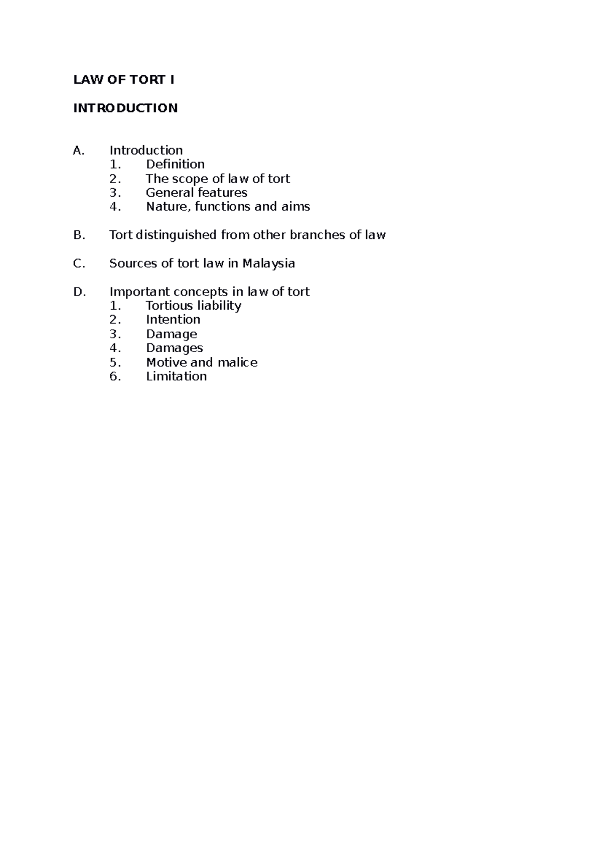 Tort1-Intro - tort law tutorial - LAW OF TORT I INTRODUCTION A ...