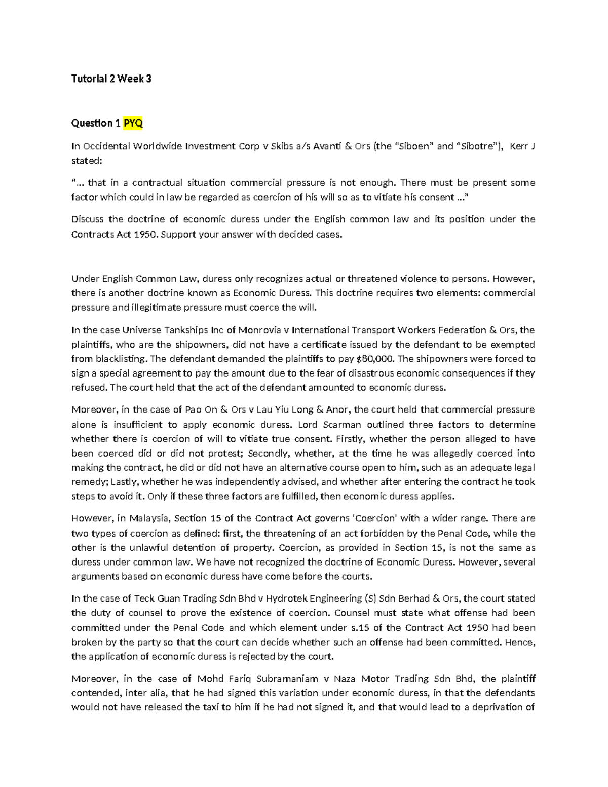 Contract Tut 2 - Tutorial 2 Week 3 Question 1 PYQ In Occidental ...