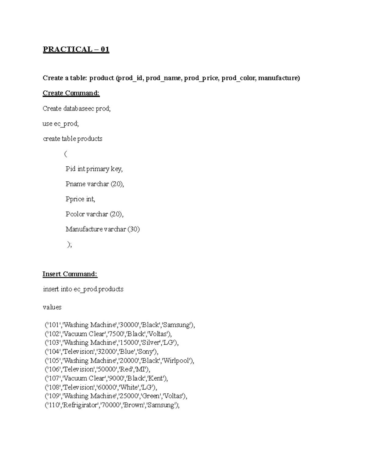 Abhi dbmsprod - PRACTICAL – 01 Create a table: product (prod_id, prod ...