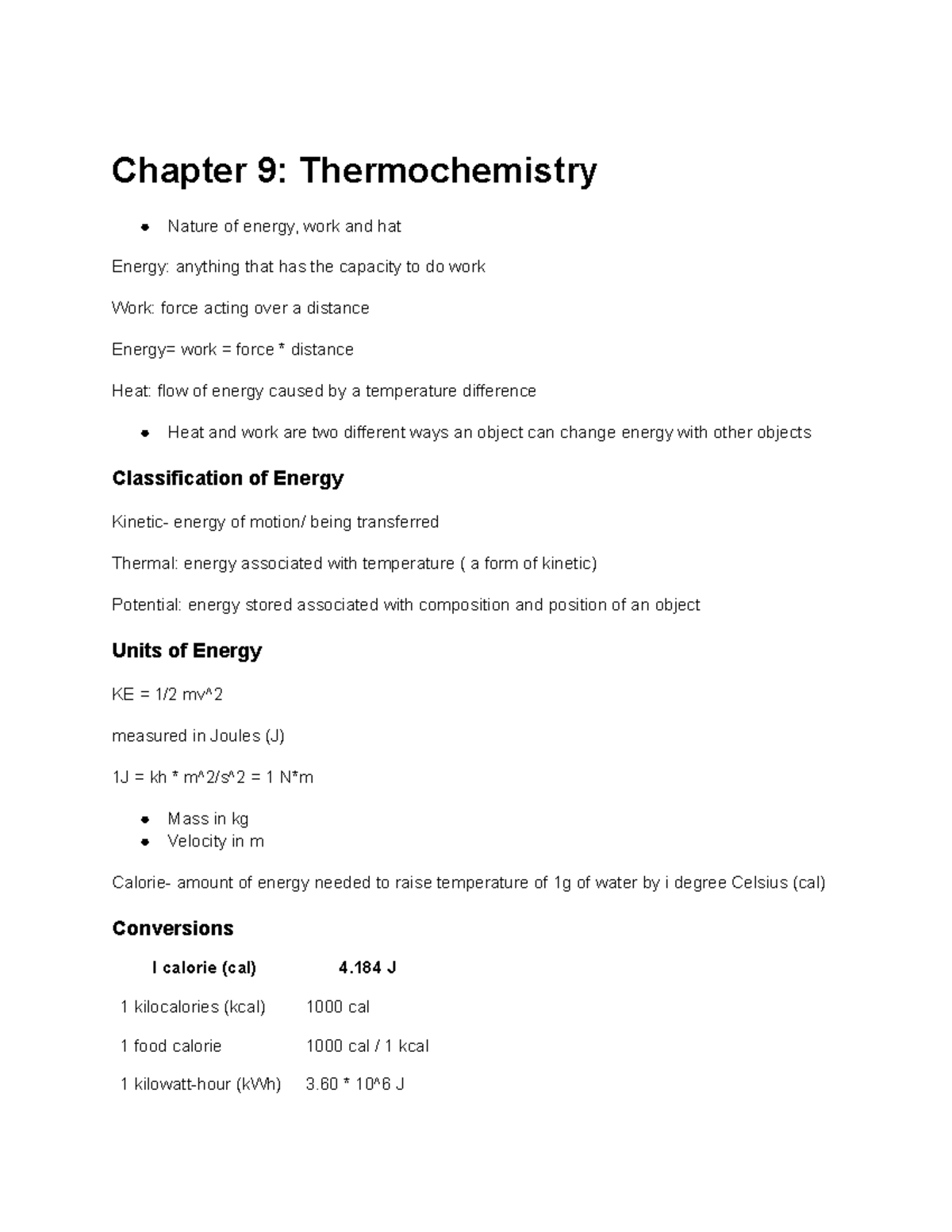 Chapter 9 Thermochemistry - Chapter 9: Thermochemistry Nature of energy ...