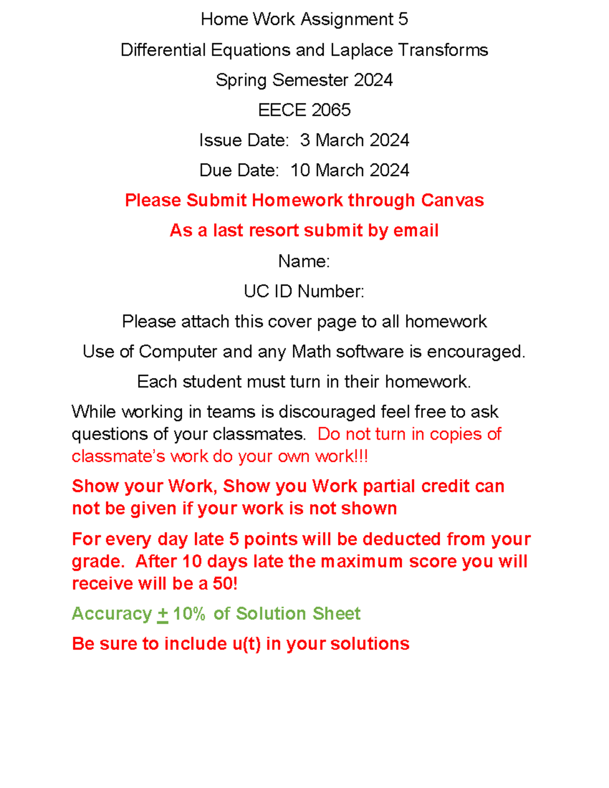 Home Work Assignment 5 EECE2065 - Home Work Assignment 5 Differential Equations and Laplace ...