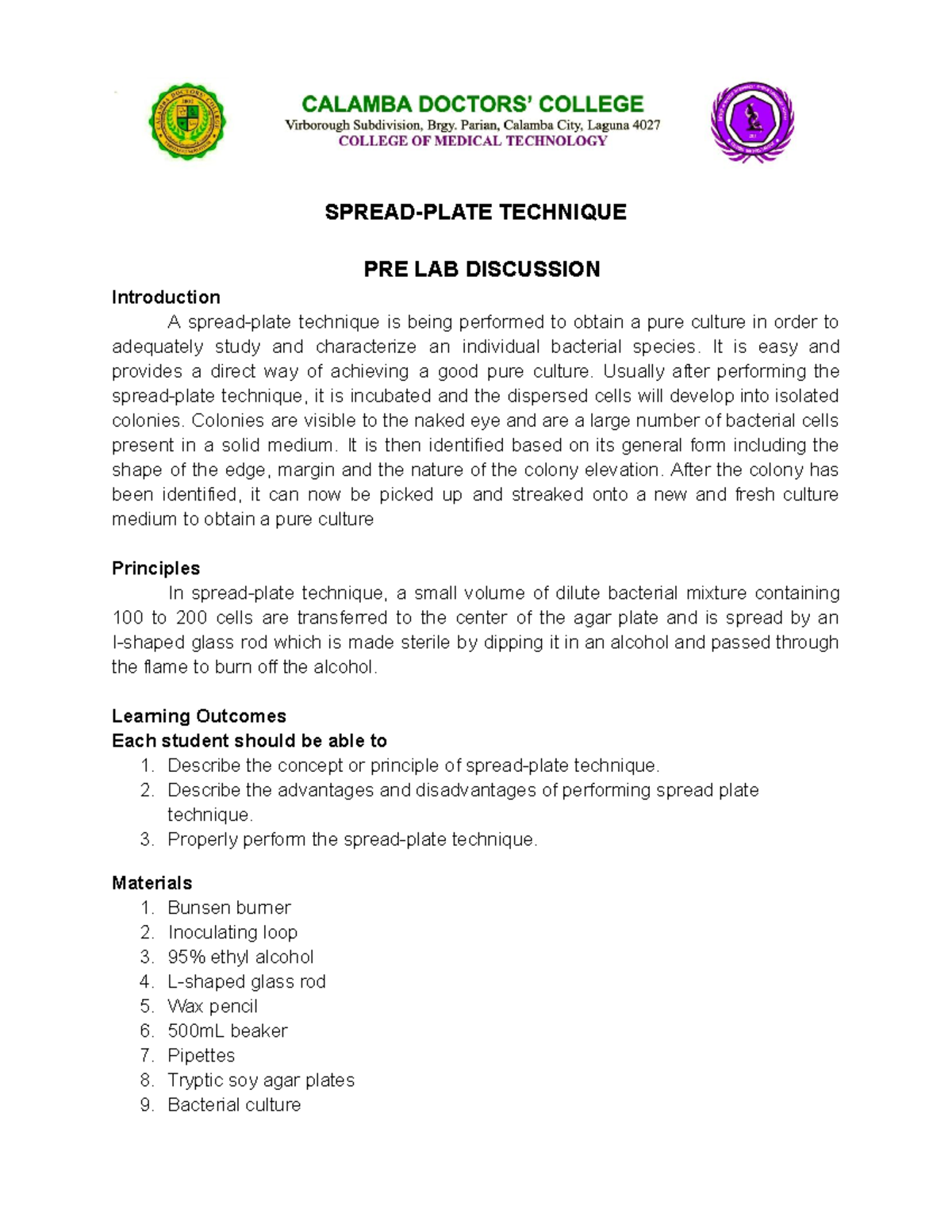Copy of 13. Spread-plate Technique - SPREAD-PLATE TECHNIQUE PRE LAB ...
