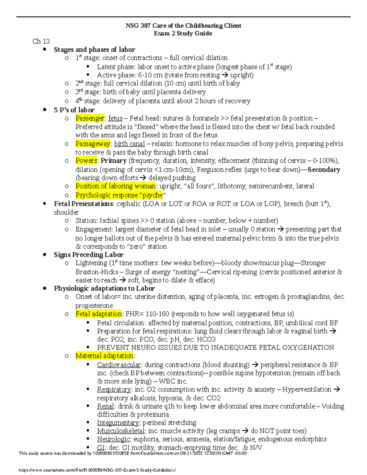 NSG 307 Exam 2 Study Guide.docx - NSG 307 Care of the Childbearing ...