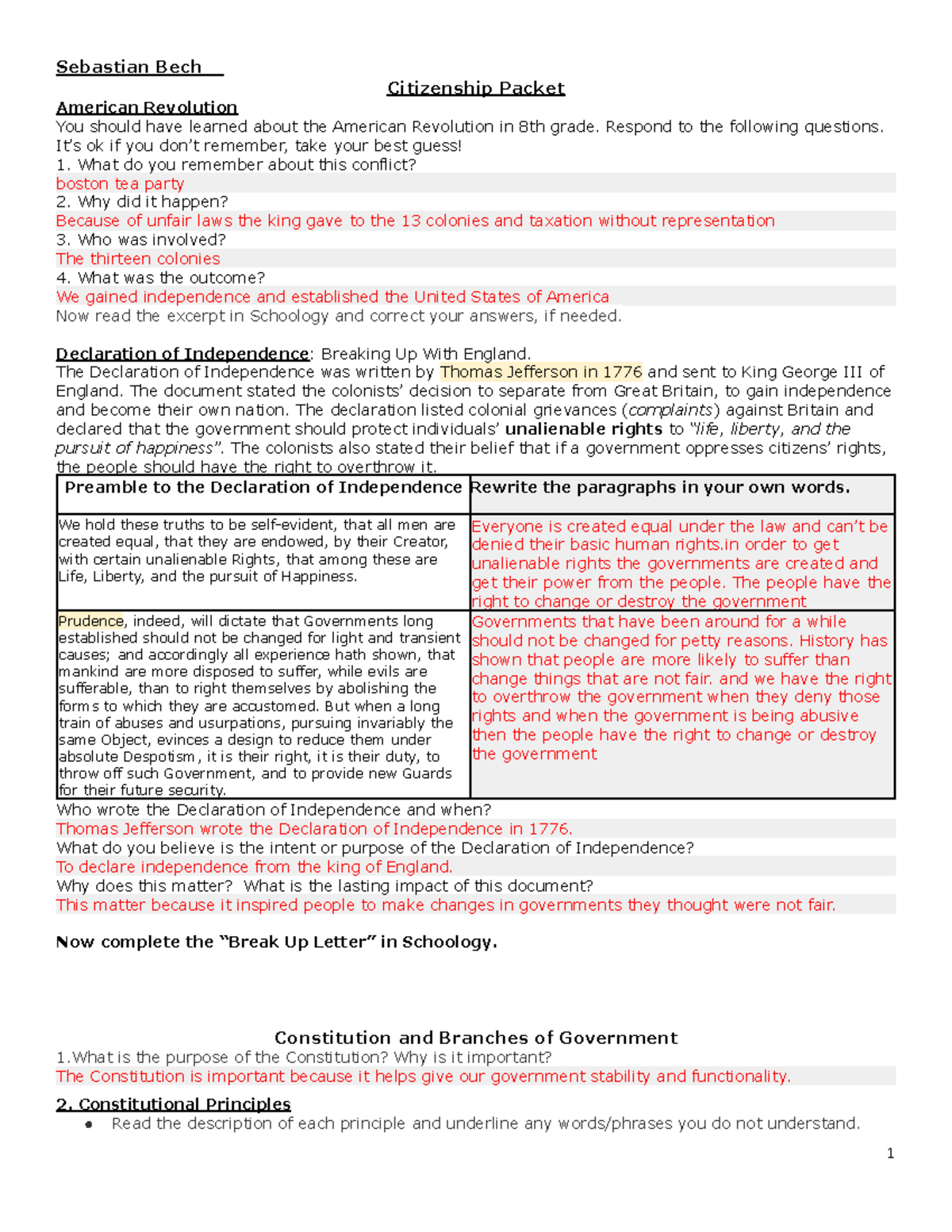 Citizenship Packet - Study guide over the first unit of U.S history ...