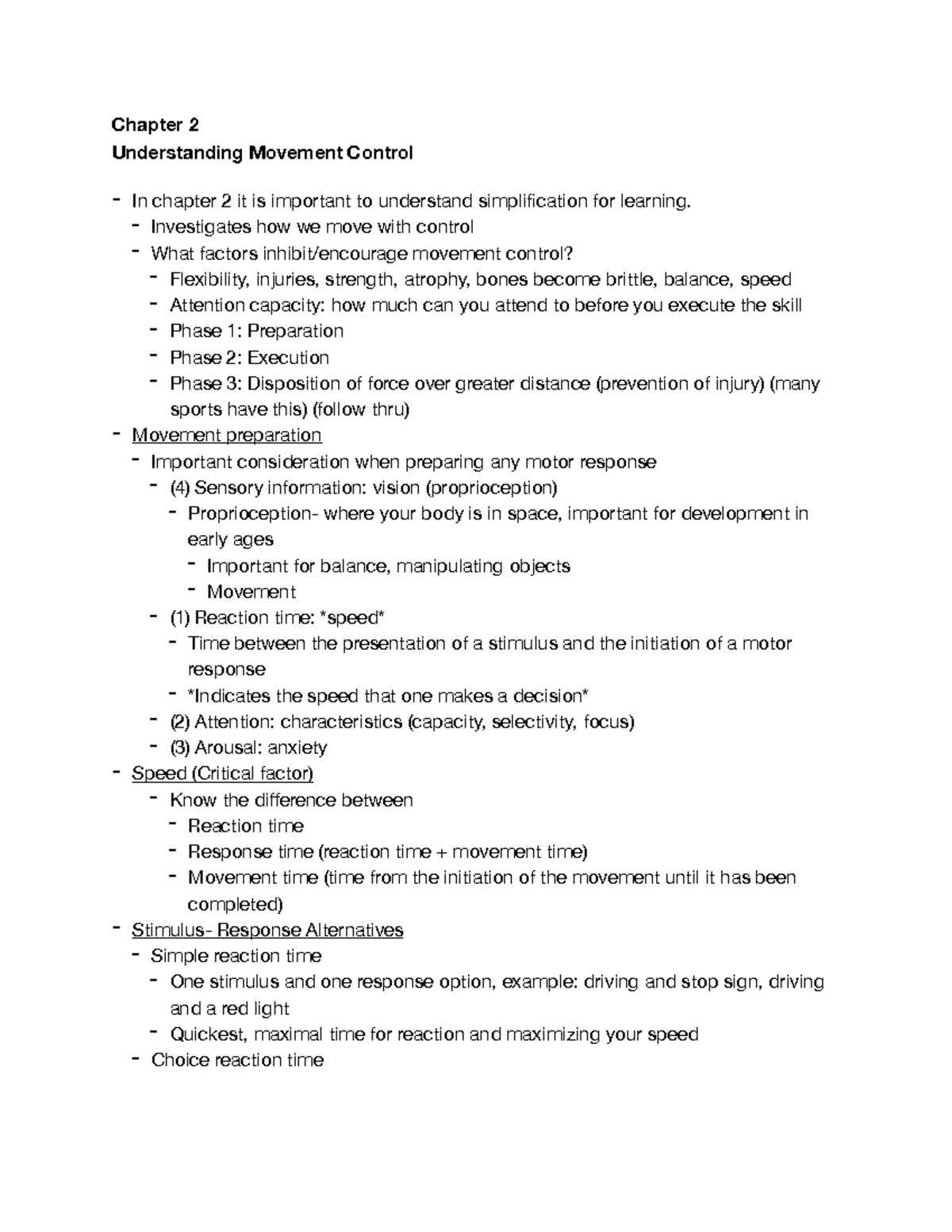 Chapter 2 Notes - lecture - Chapter 2 Understanding Movement Control ...