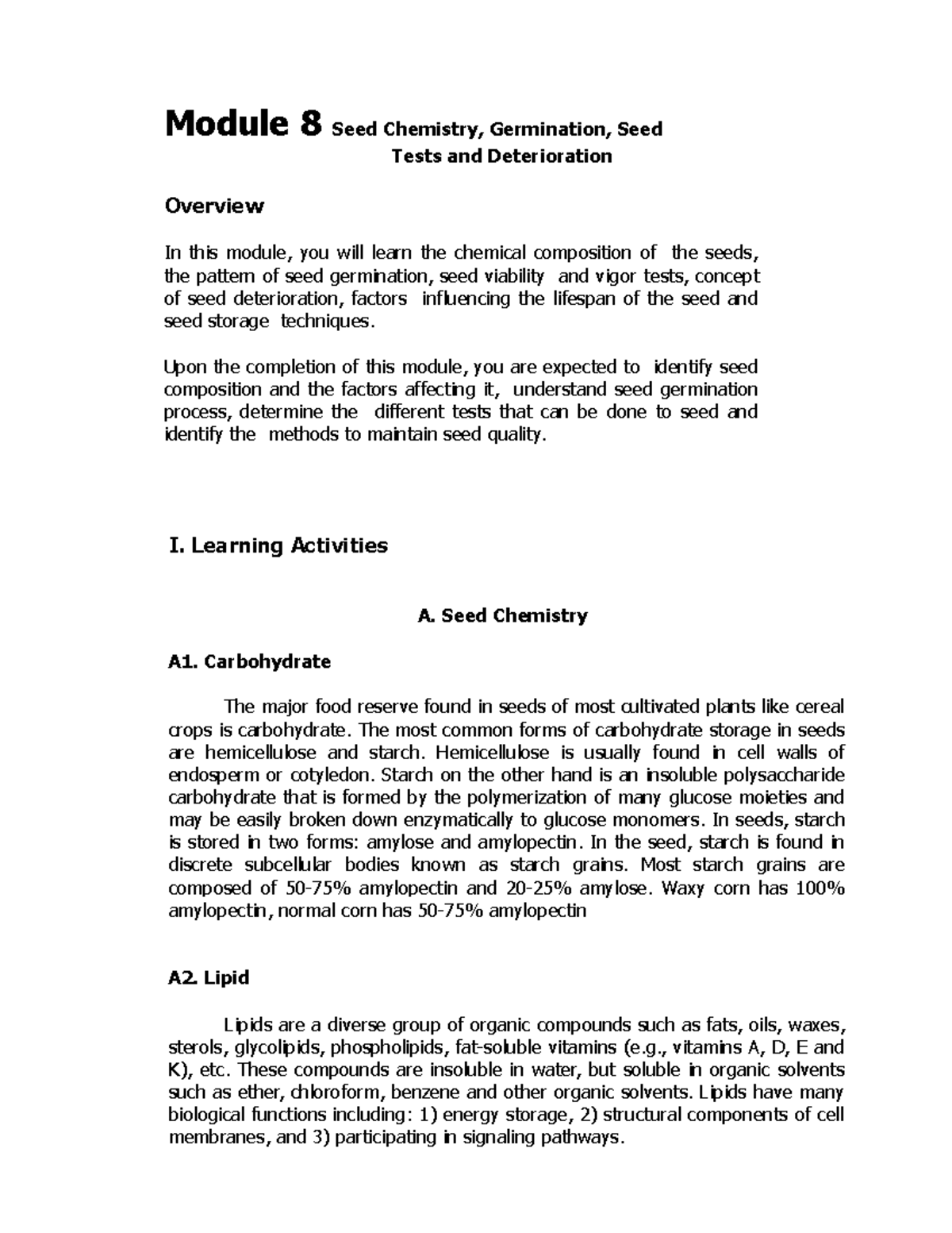 Module 8. Seed Chemistry, Germination and Deterioration - Module 8 Seed ...