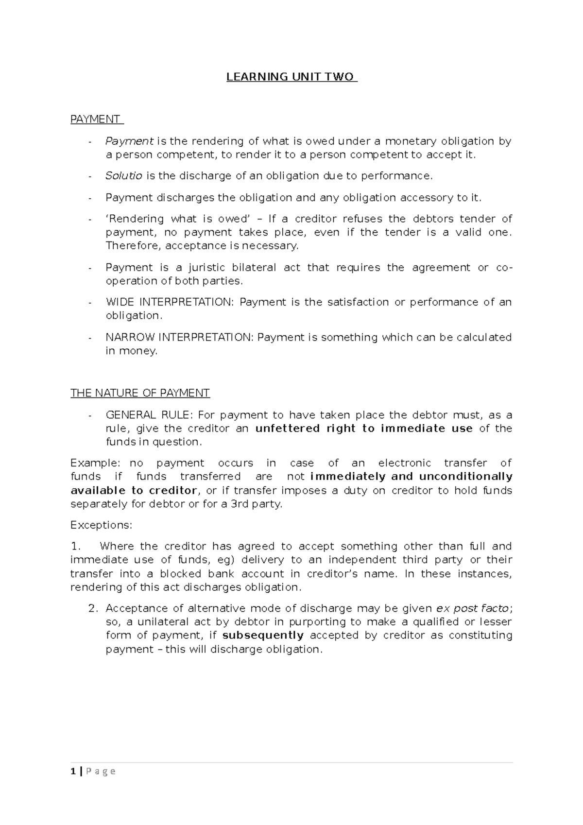 Learning UNIT 2 - notes - LEARNING UNIT TWO PAYMENT Payment is the ...