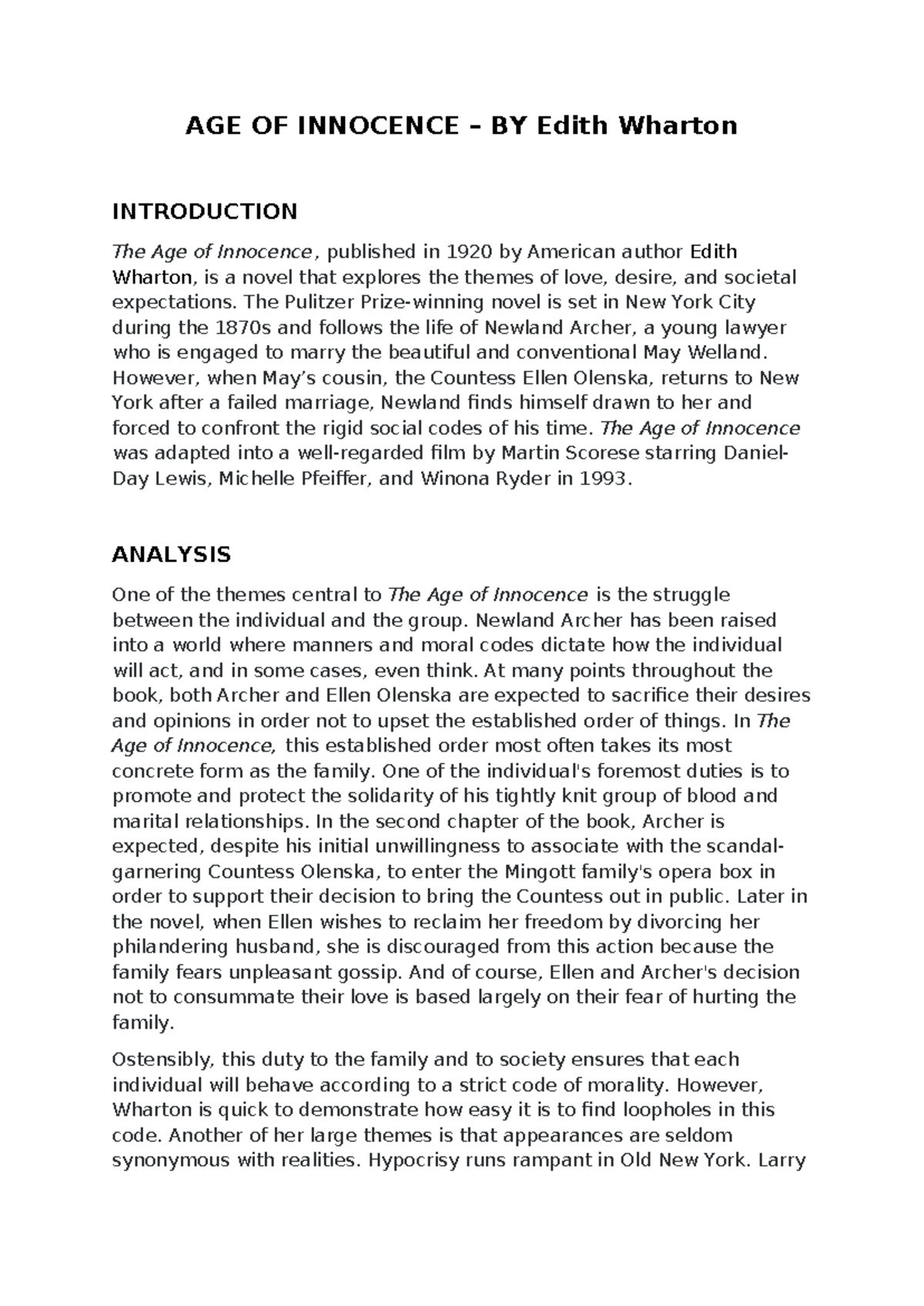 Fiction - AGE OF INNOCENCE – BY Edith Wharton INTRODUCTION The Age of ...