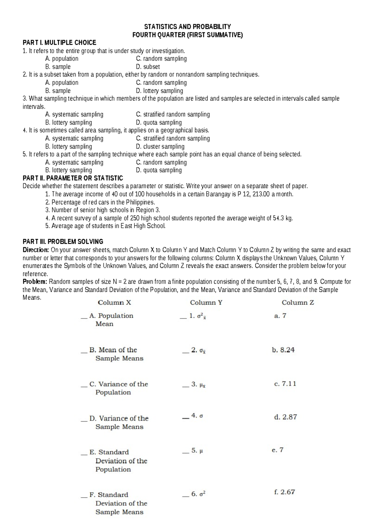 Statistics AND Probability 4TH Summative 1 - STATISTICS AND PROBABILITY ...