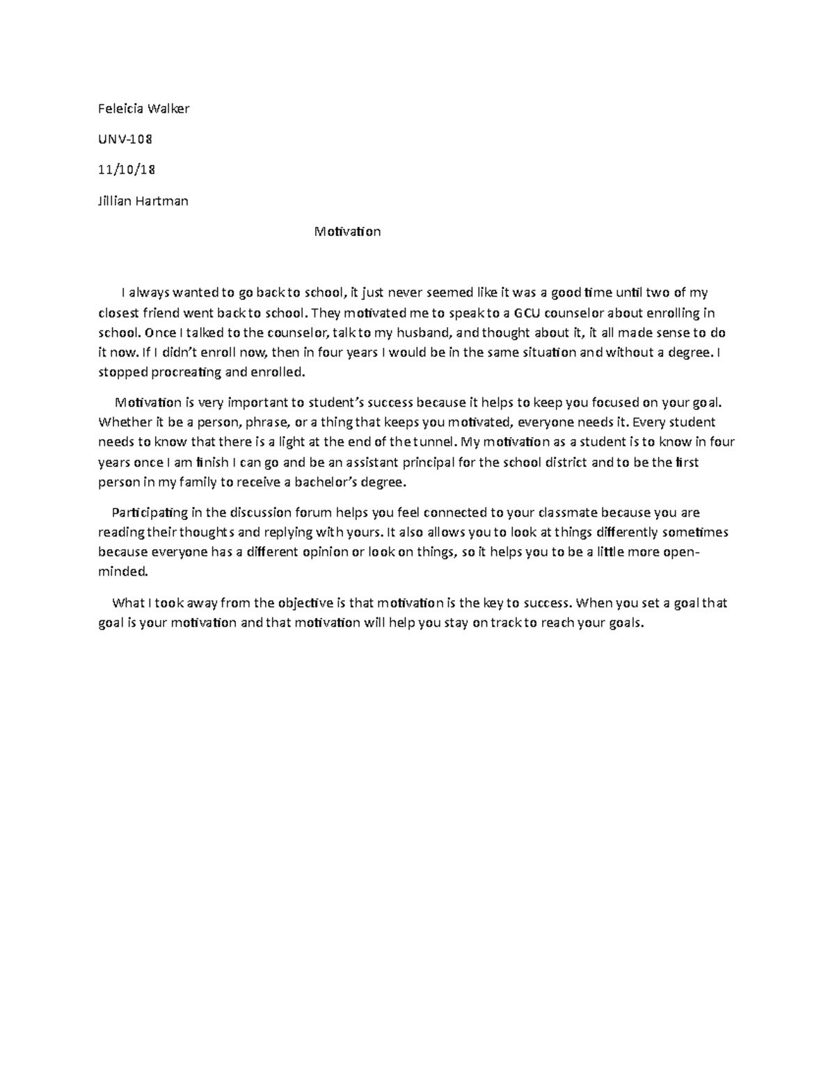Motivation - paper about motivaton - Feleicia Walker UNV- 11/10 ...