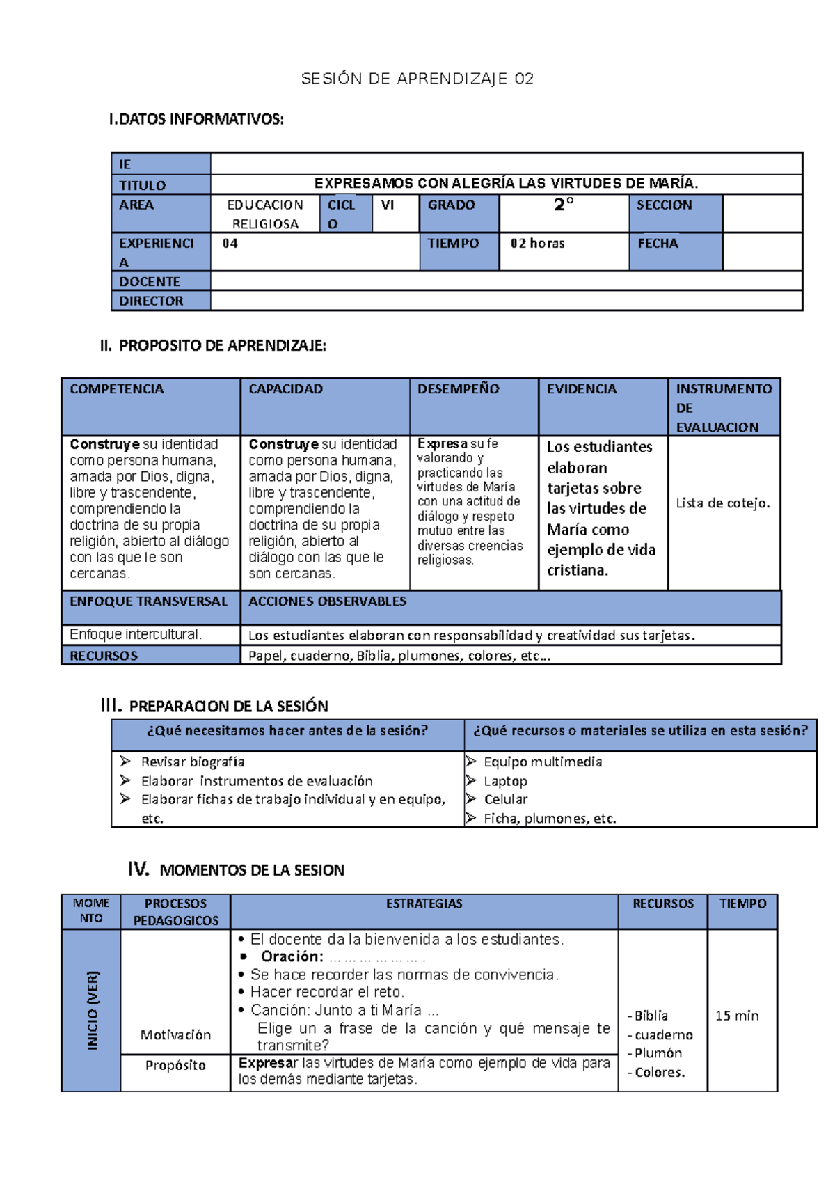 2 Virtudes DE María - SESIÓN 2 DE LA EXPERIENCIA N°04 - SESIÓN DE APRENDIZAJE 02 I INFORMATIVOS ...