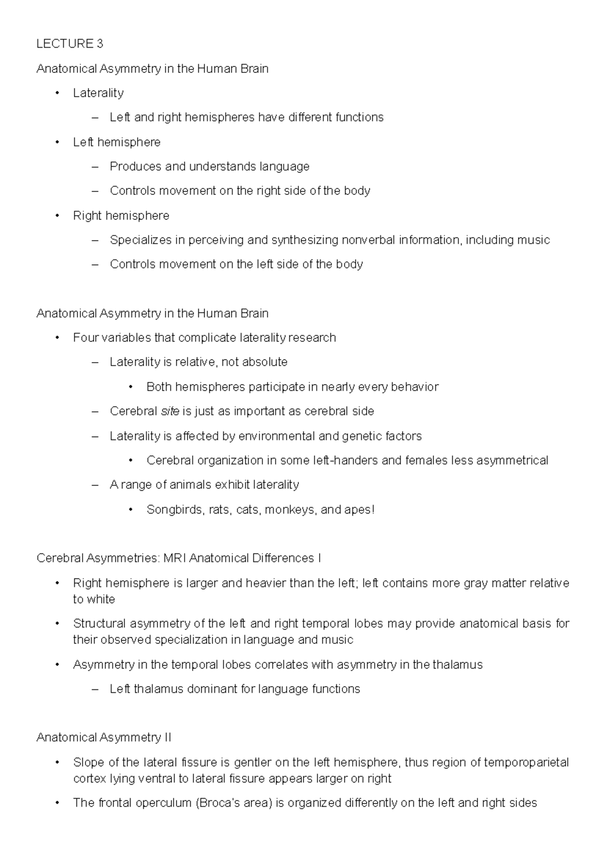 Lecture 3 notes - LECTURE 3 Anatomical Asymmetry in the Human Brain ...