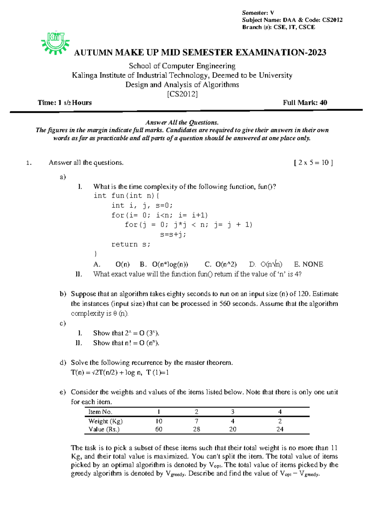 Daa pyq - pyq - Sub & Code: OS & CS - 2009 Branch (s): CSE, IT, CSSE, CSCE Semester: V - Studocu