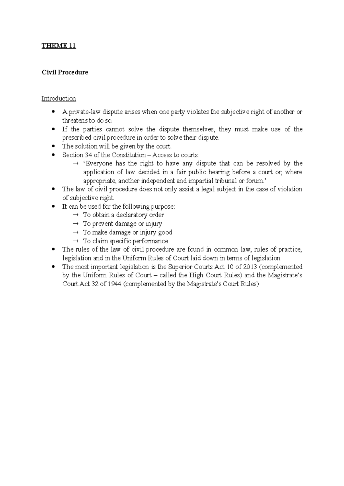 Theme 11 - FOUNDATIONS OF LAW - THEME 11 Civil Procedure Introduction A ...