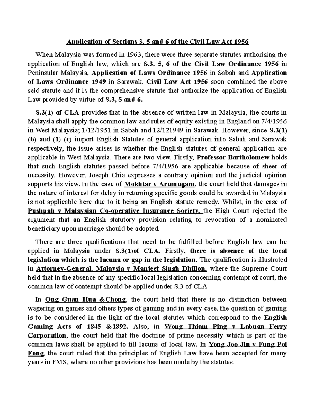 Application Of Civil Law Act Application Of Sections 3 5 And 6 Of