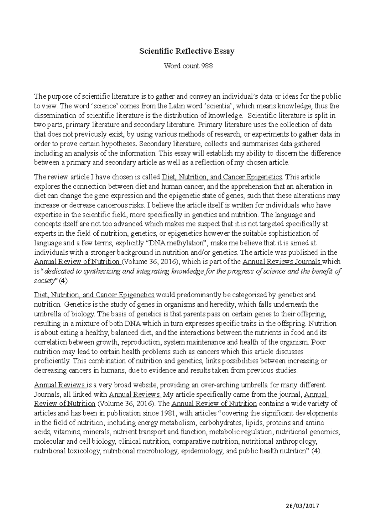 Reflective Essay - assignment 1 - Scientific Reflective Essay Word ...