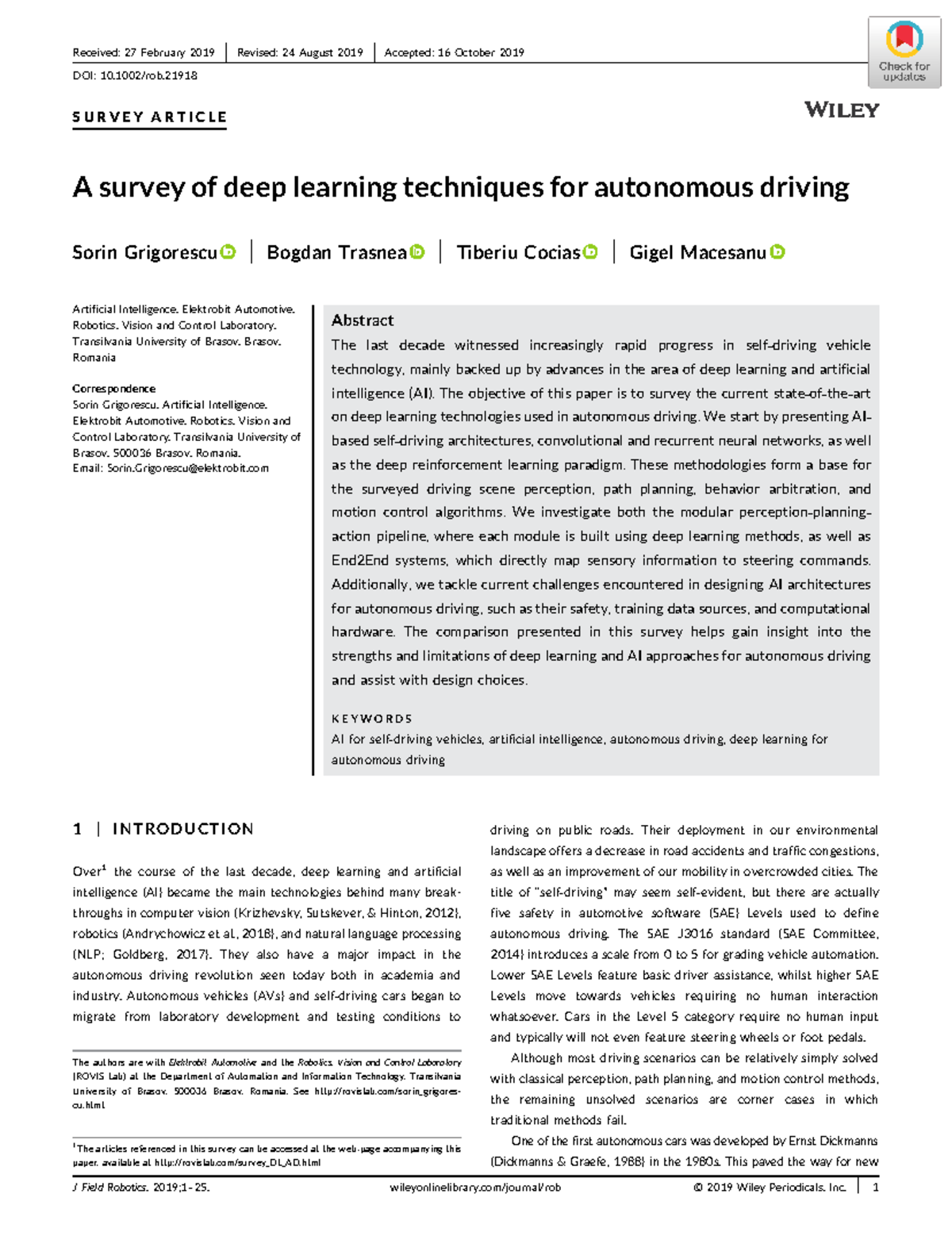 A survey of deep learning techniques for autonomous driving - J Field ...