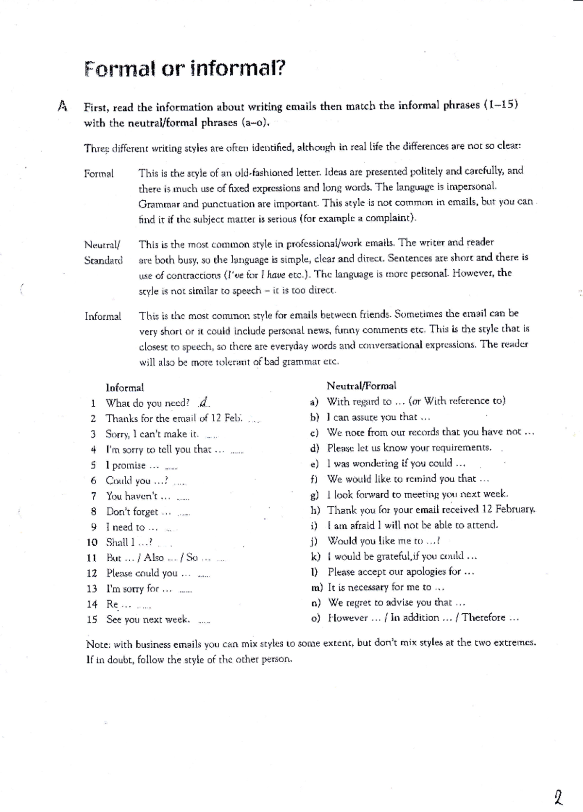 Email handout 2 - or informal? A First, read the information about ...