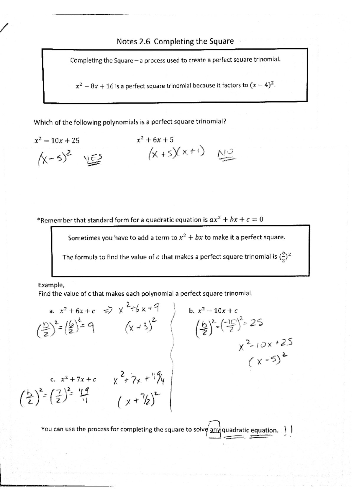 Notes 2.6 CTS Complete - completing the square - Studocu