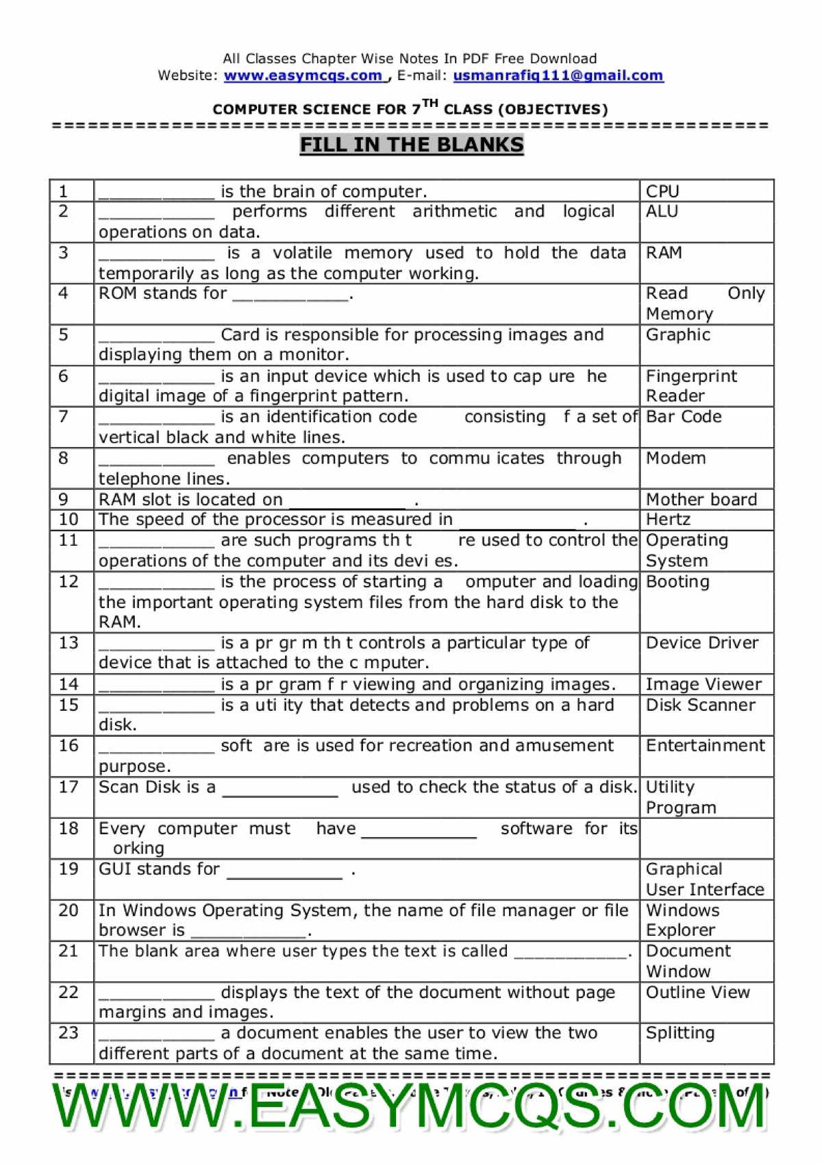 7th Class Computer Science Objectives Notes - Studocu