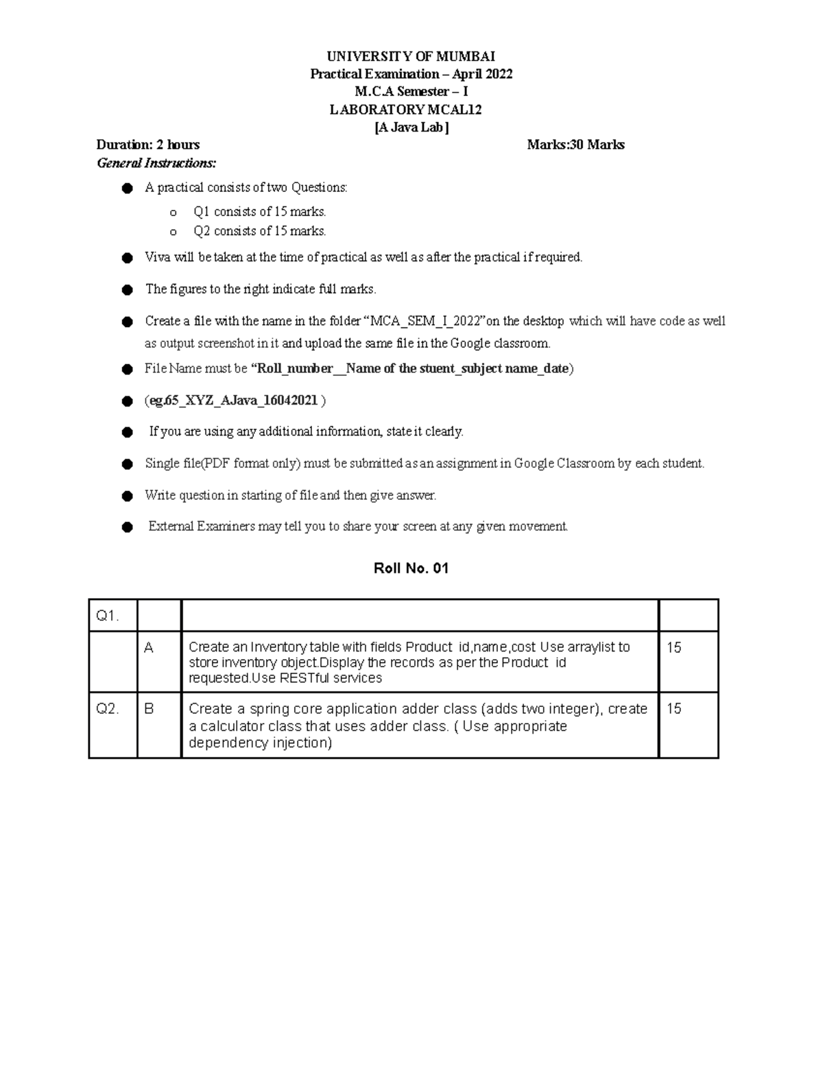 Advanced Java Slip - none - Practical Examination – April 2022 M.C Semester – I LABORATORY MCAL ...