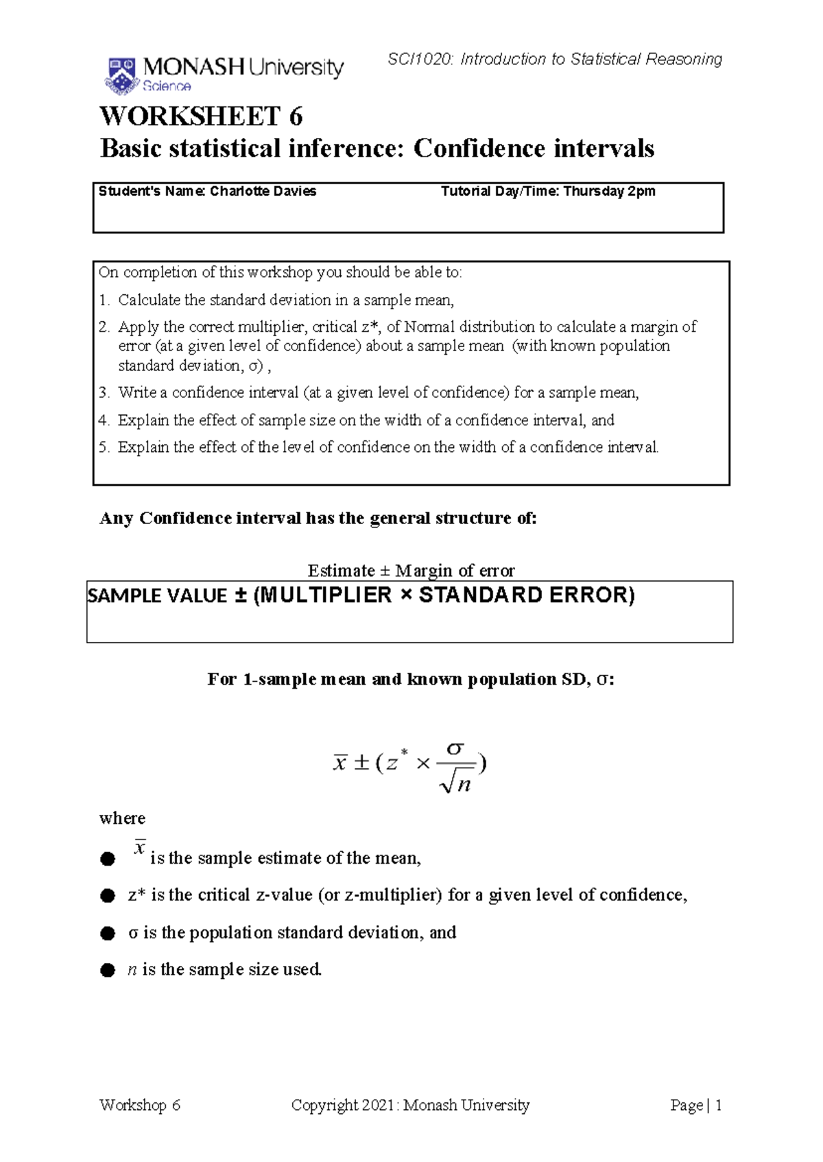 SCI1020 Worksheet 6 edit - Student's Name: Charlotte Davies Tutorial Day/Time: Thursday 2pm On ...