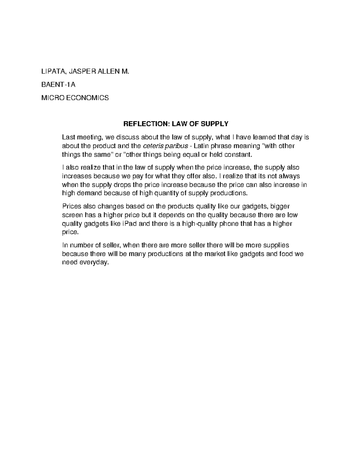REFLECTION PAPER ABOUT LAW OF Demand - LIPATA, JASPER ALLEN M. BAENT-1A ...