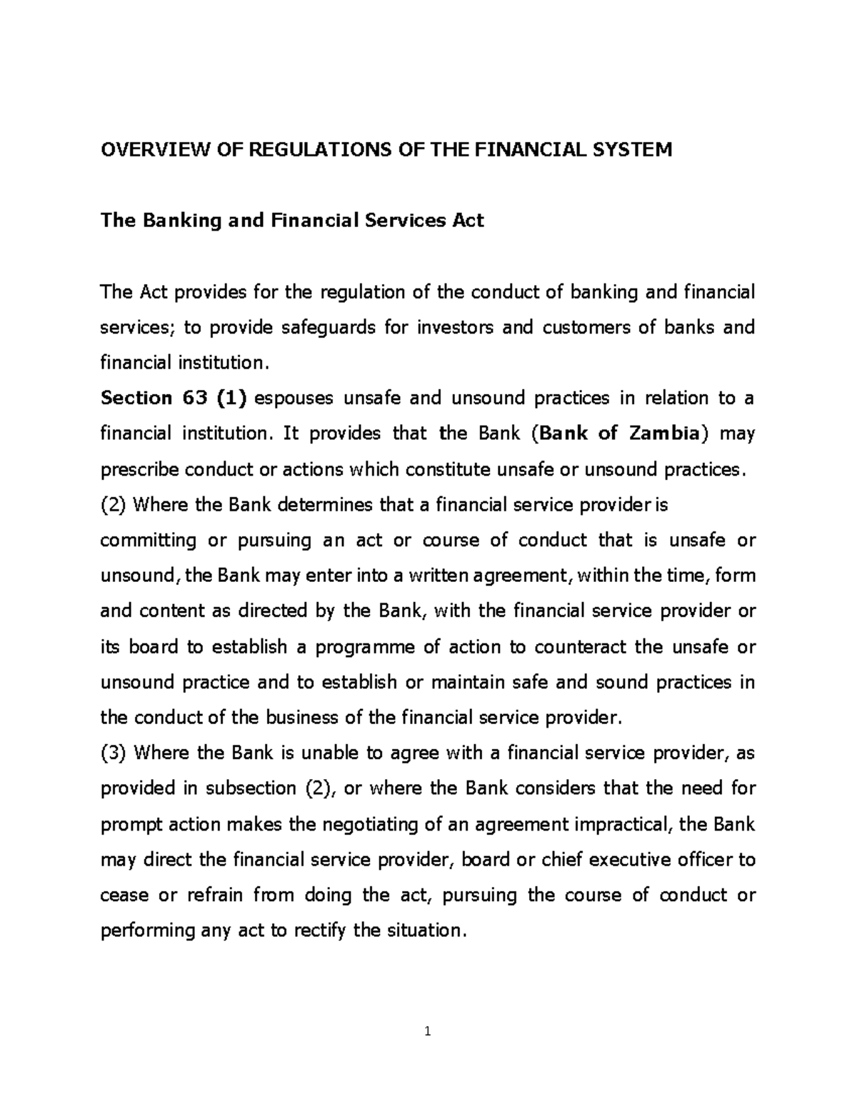 Banking LAW Notes - OVERVIEW OF REGULATIONS OF THE FINANCIAL SYSTEM The ...