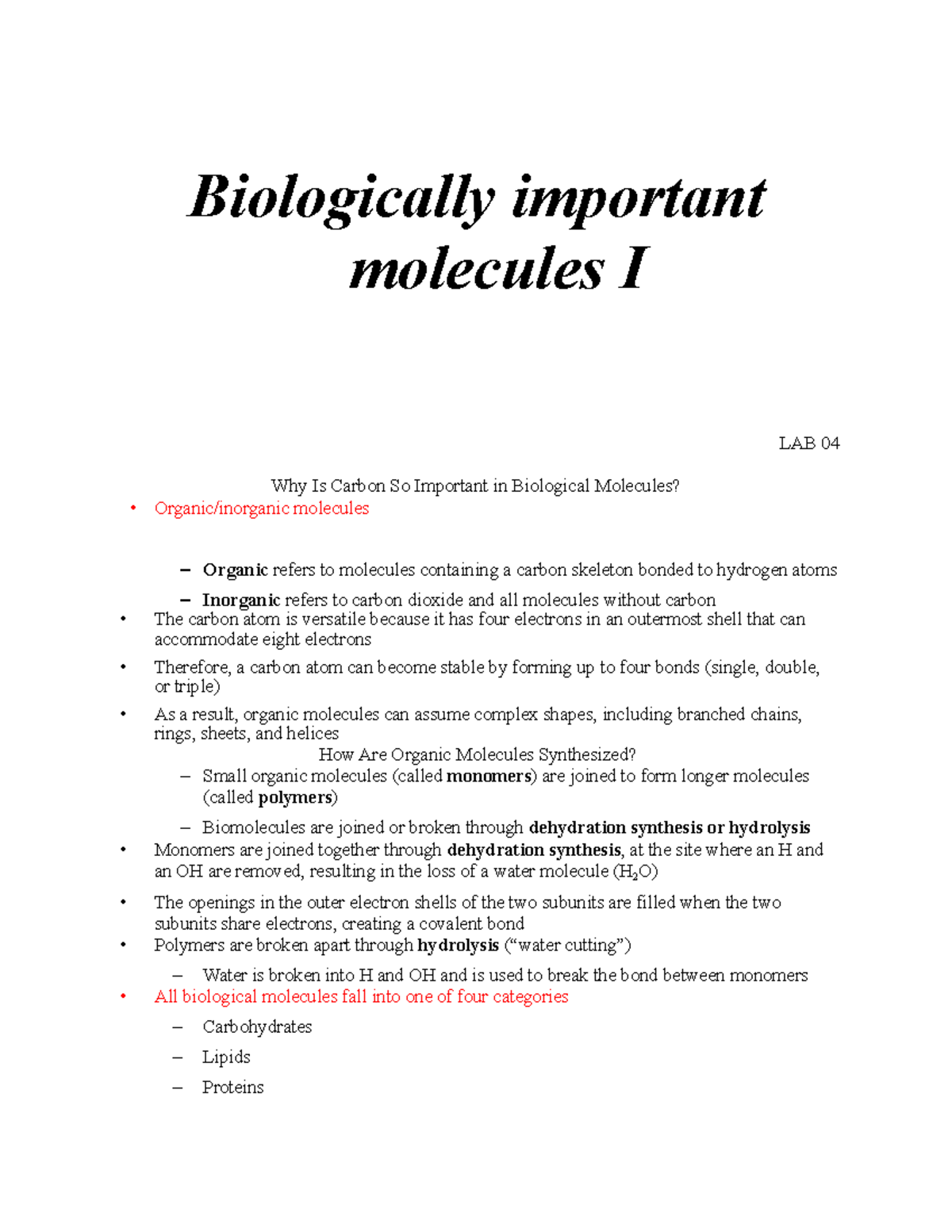 BIO 1101 - LAB 4 - Lecture notes LAB 4 - Biologically important ...