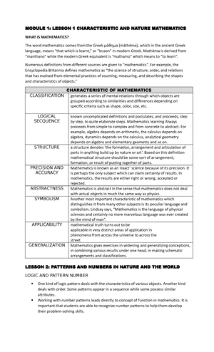MMW - mmw lesson - MODULE 1: LESSON 1 CHARACTERISTIC AND NATURE ...